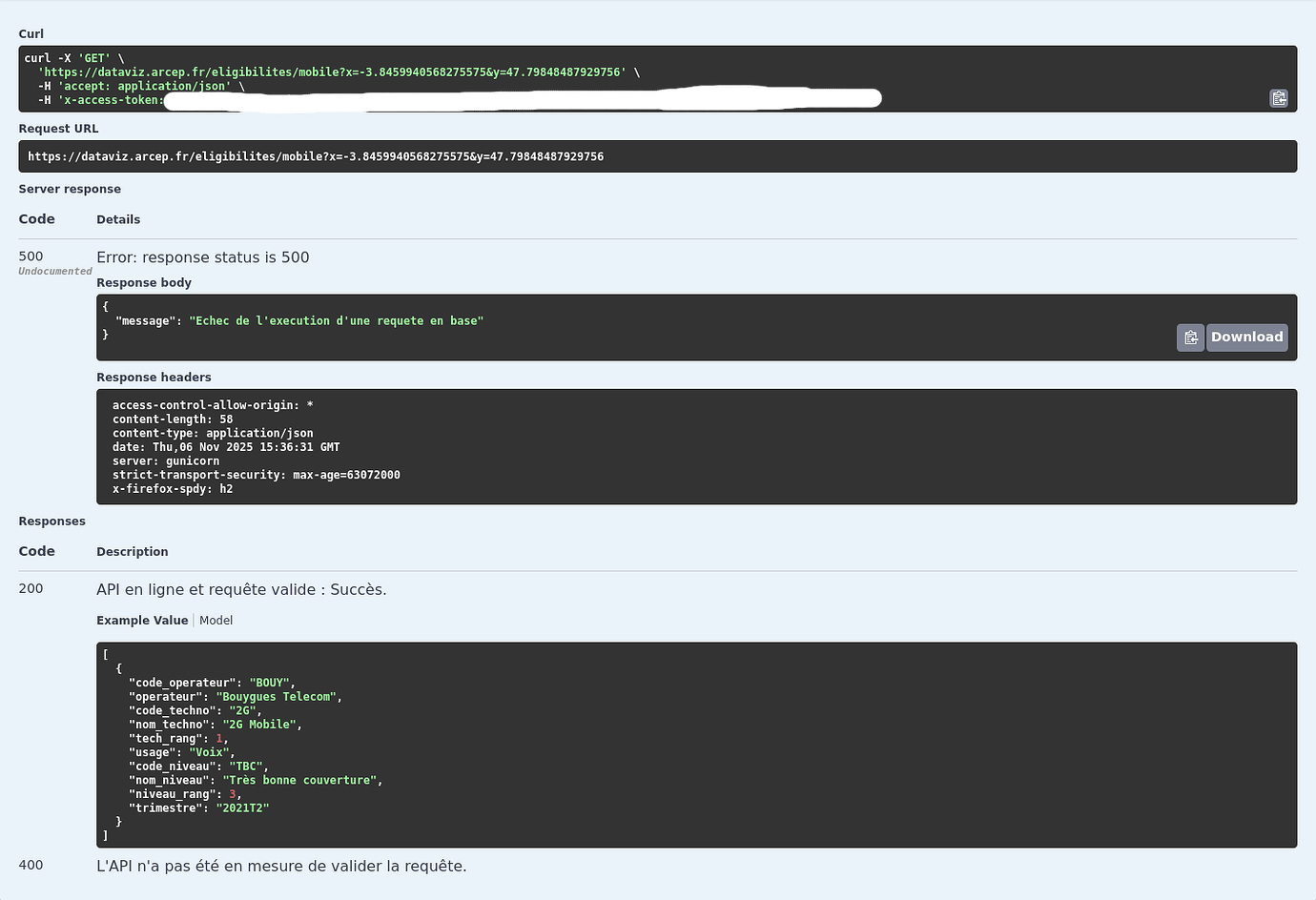 API ARCEP endpoint eligibilites mobile down - Autres questions ...